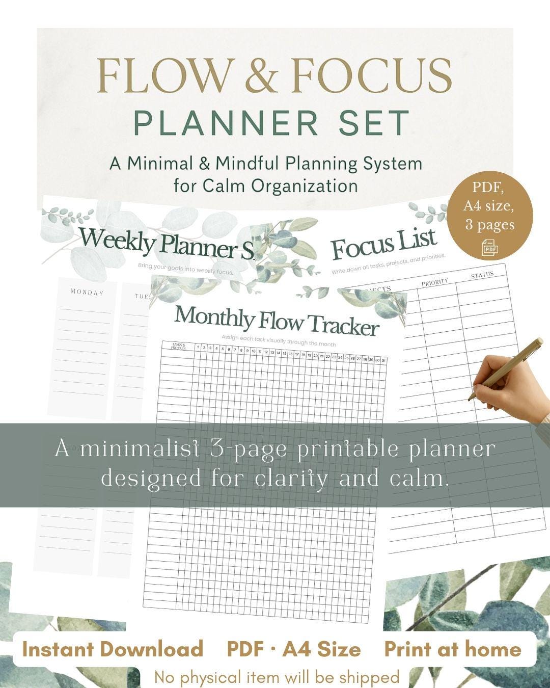Printable Weekly & Monthly Planner PDF | Focus List, Weekly Planner and ...