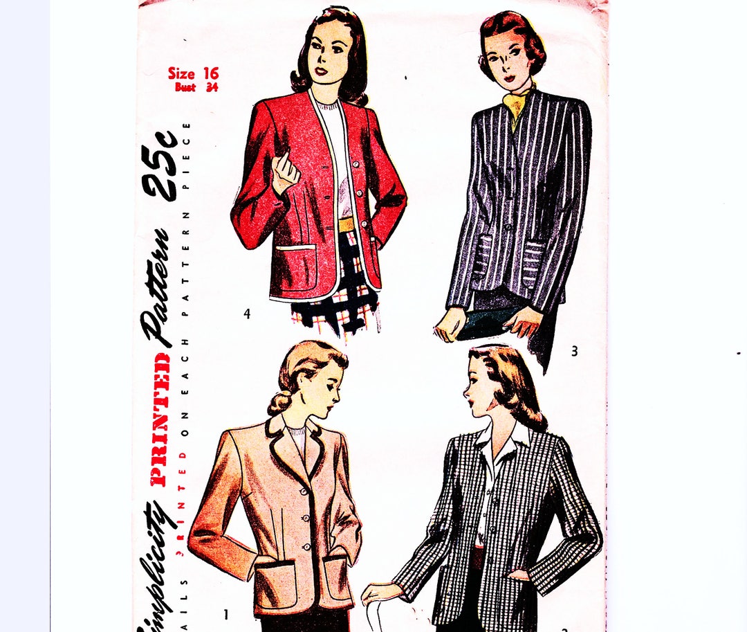 1940s Jacket Sewing Pattern for Womens Blazer 34 Bust Size 16 UNCUT ...