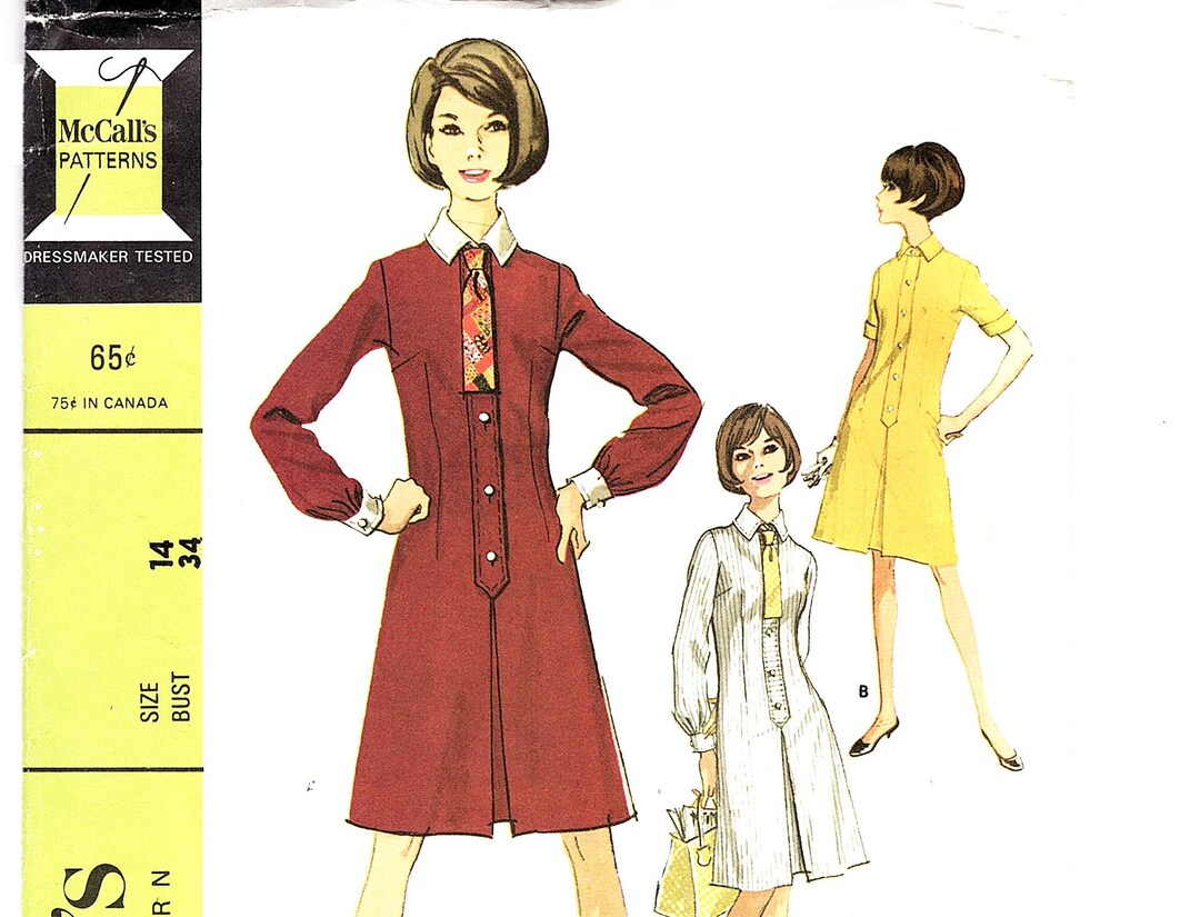 1960s Mod Dress Pattern 34 Bust Shirtwaist Dress Flared Skirt Size 14 ...