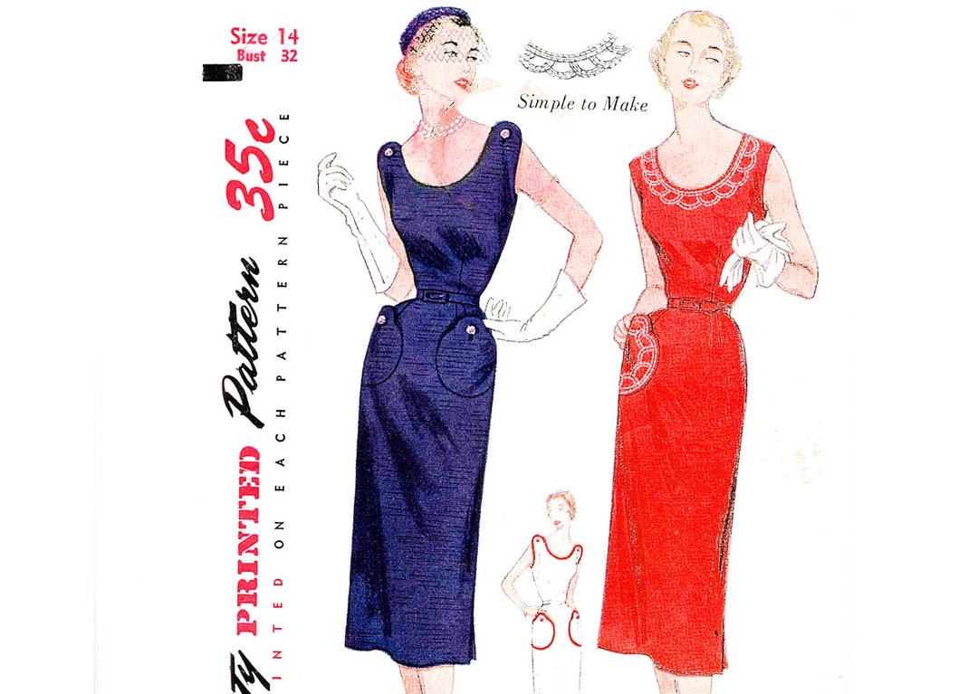 1950s Dress Sewing Pattern for Womens Sleeveless Dress Scoop Neck Slim ...