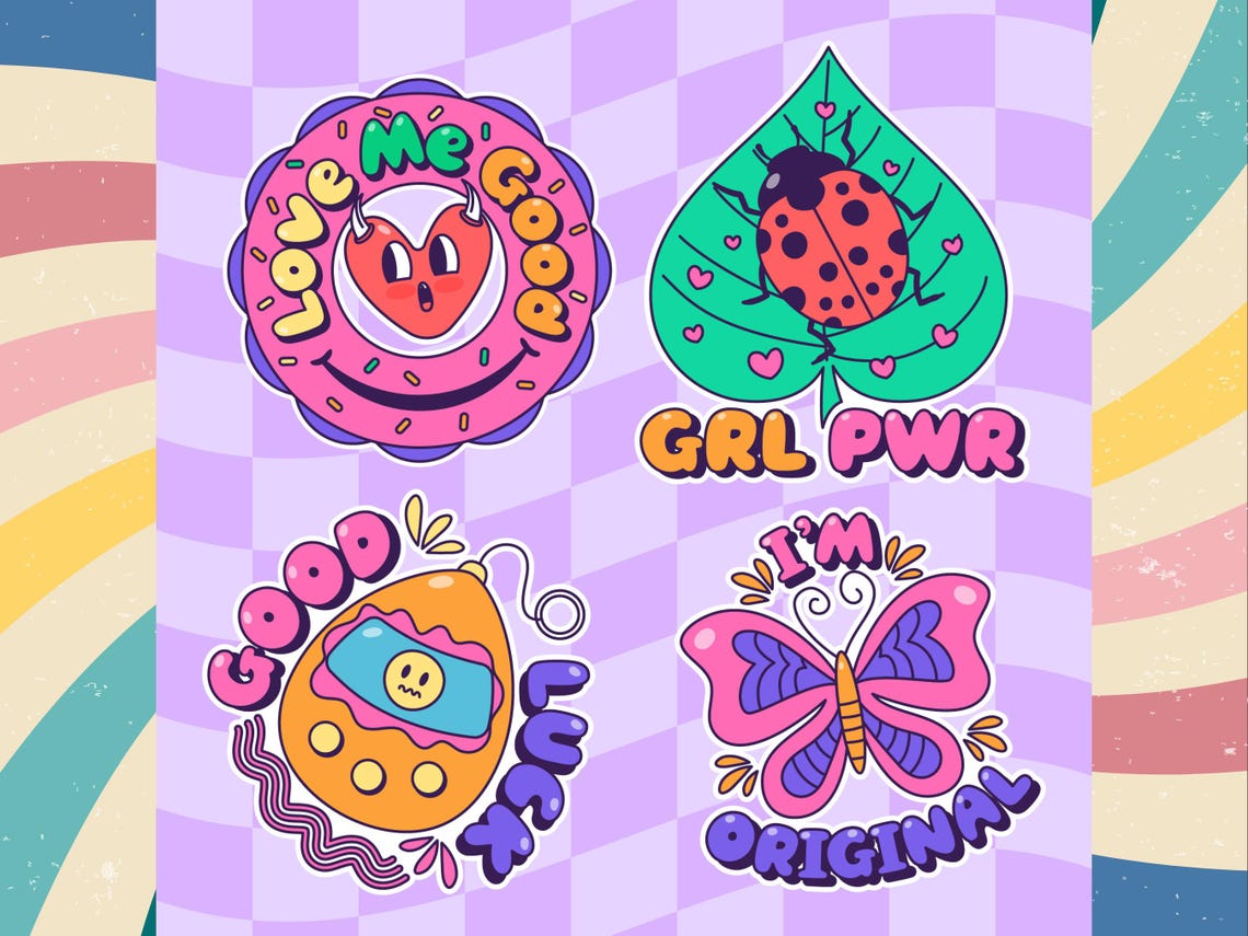 High-resolution Colorful Y2K Stickers PNG Retro Pop Culture, Bright ...