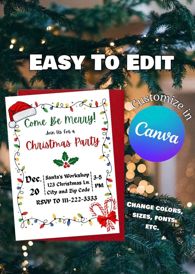 Editable, Printable, Christmas Party Invitation EDITABLE CUSTOMIZEABLE ...