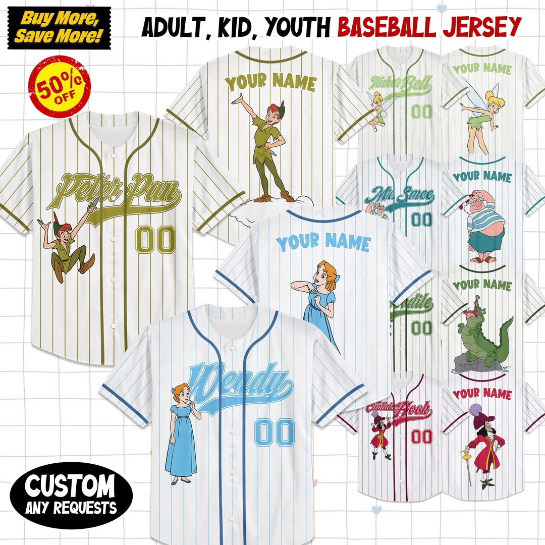 Custom Disney Peter Pan Movie Characters Baseball Jersey, Disney Tinker ...