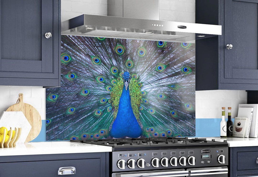 Peacock Glass Backsplash, Colorful Feather Wall Art Panel, Blue Green ...