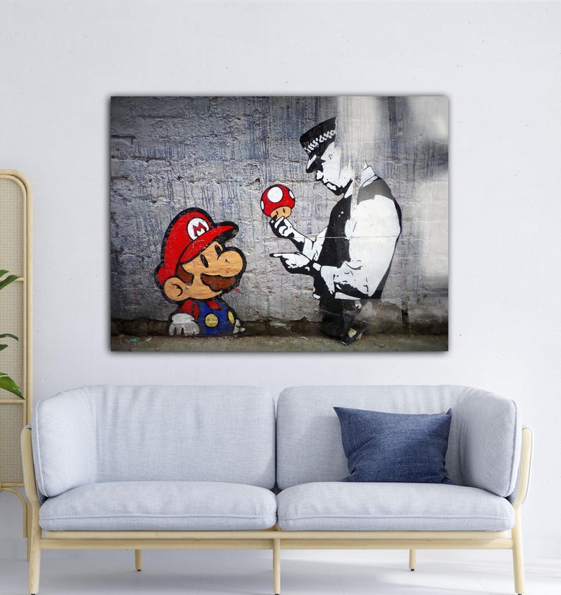 Super Mario Mural,banksy Mario With a Policeman,glass Printing,tempered ...