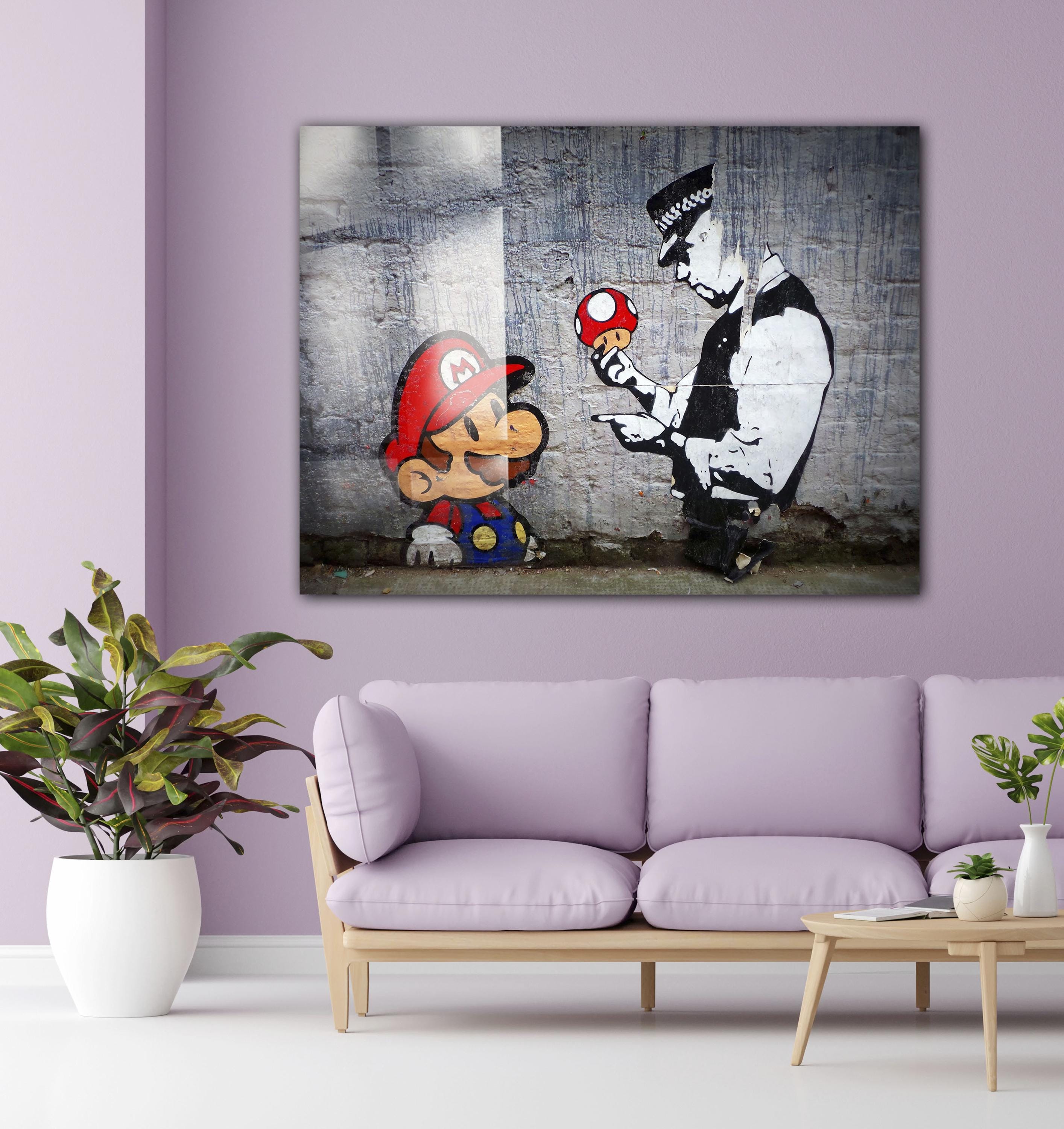 Super Mario Mural,banksy Mario With a Policeman,glass Printing,tempered ...