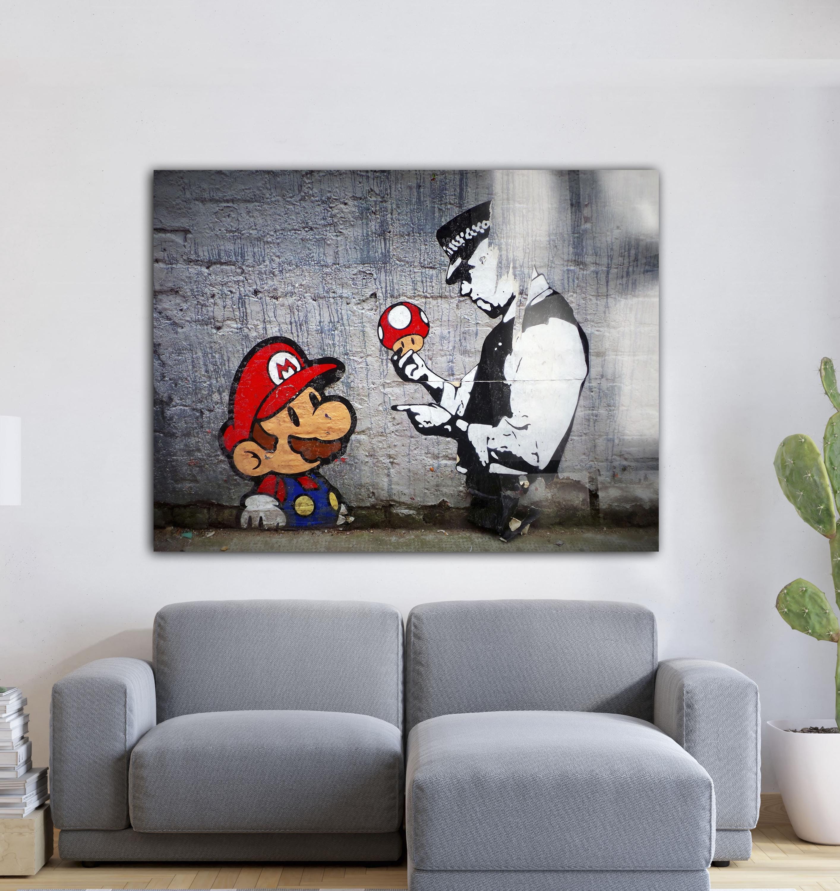Super Mario Mural,banksy Mario With a Policeman,glass Printing,tempered ...