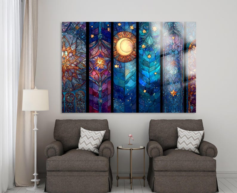 Stained Glass Celestial Panel Wall Art, Moon Star Abstract Tempered ...