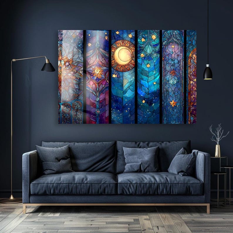Stained Glass Celestial Panel Wall Art, Moon Star Abstract Tempered ...