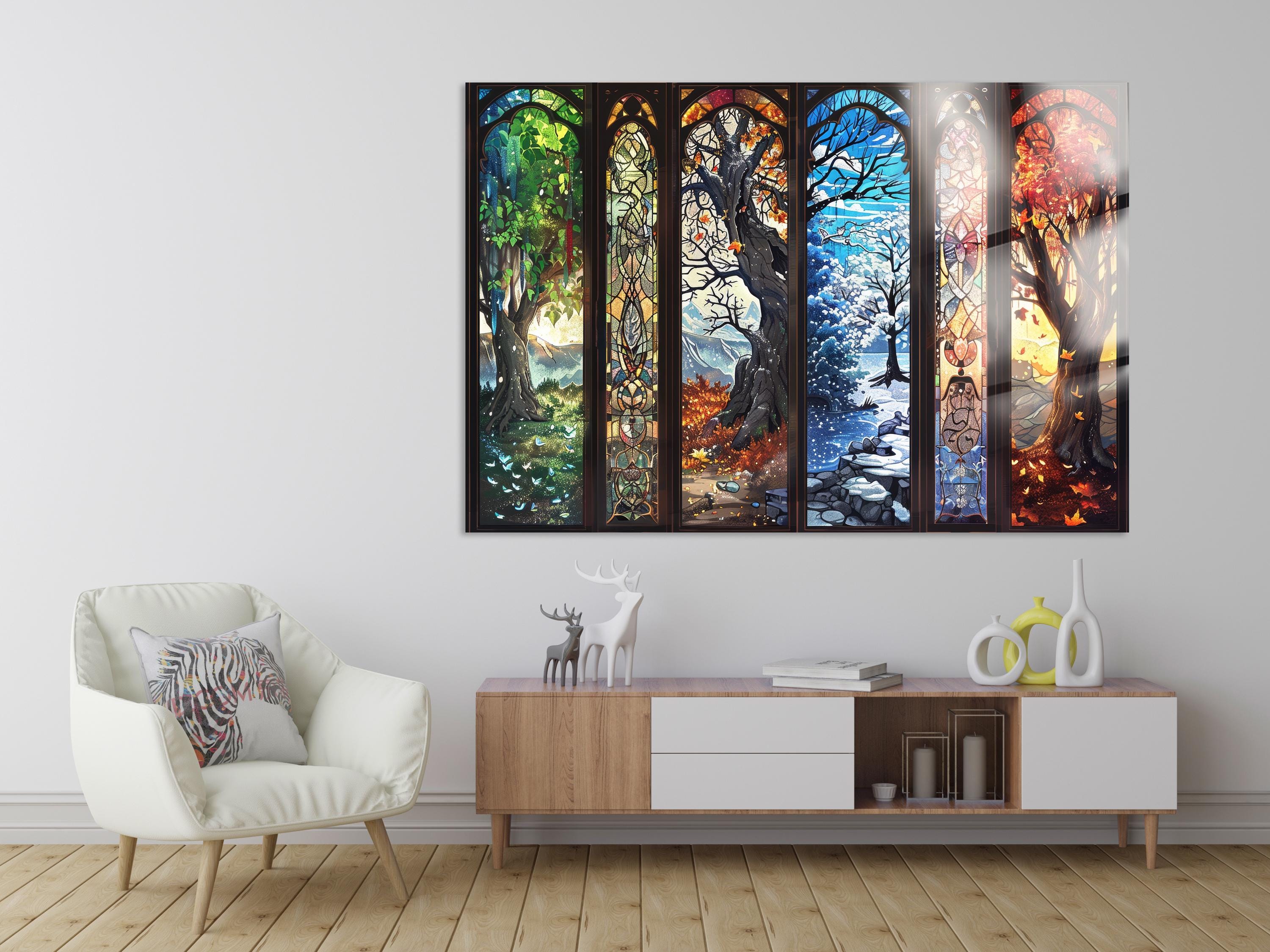 Four Seasons Tree of Life Stained Glass Print: Tempered Glass Wall Art ...