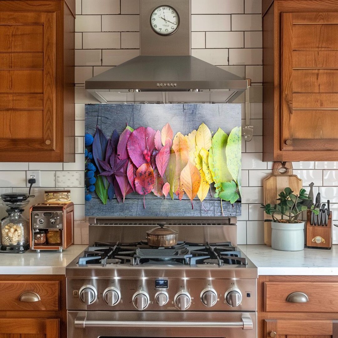 Rainbow Leaves Glass Backsplash: Rustic Kitchen Wall Art - Etsy