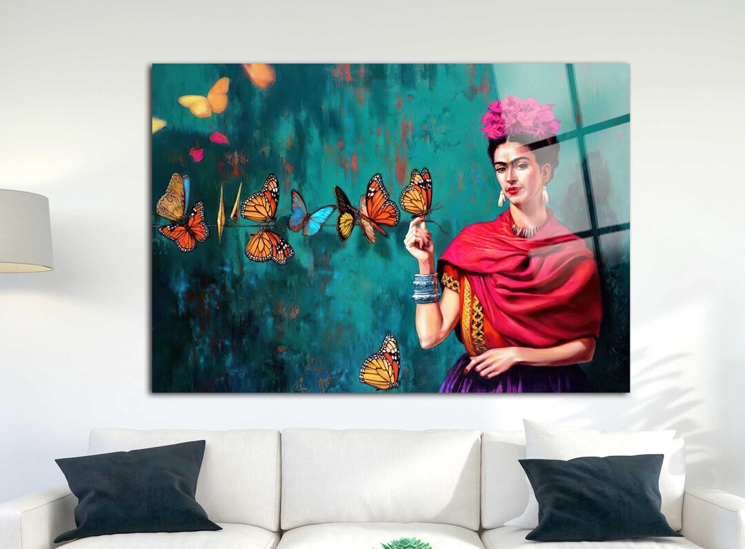 Frida Kahlo Art,frida Butterflies Pink Flowers Glass Wall Decor ...