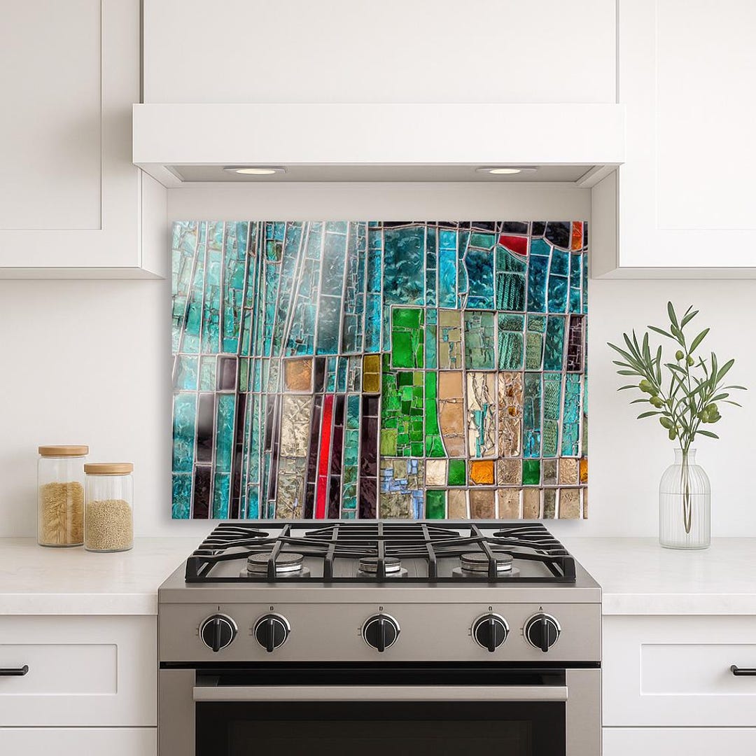 Mosaic Glass Kitchen Backsplash: Abstract Geometric Tile Art, Heat ...