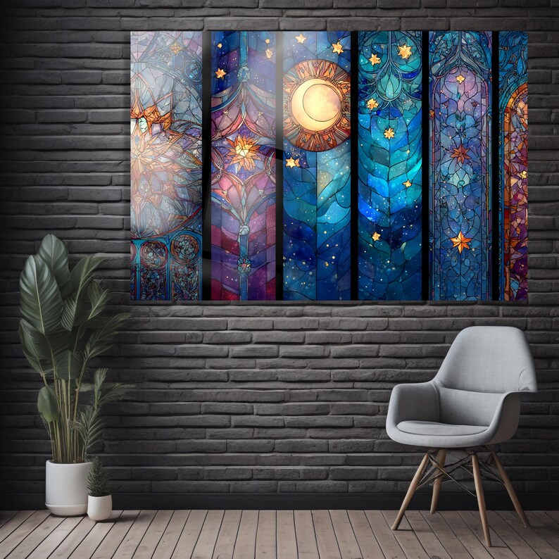 Stained Glass Celestial Panel Wall Art, Moon Star Abstract Tempered ...
