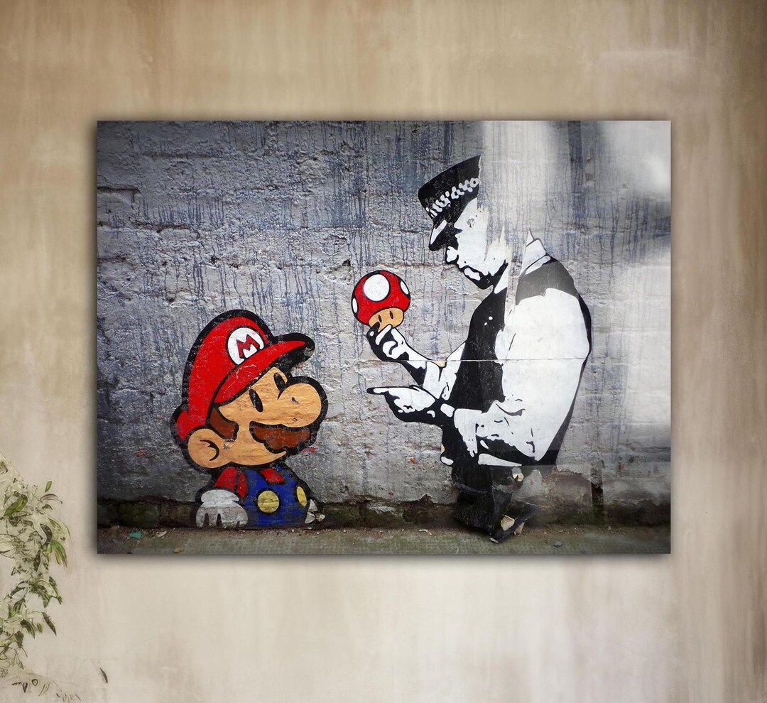 Super Mario Mural,banksy Mario With a Policeman,glass Printing,tempered ...