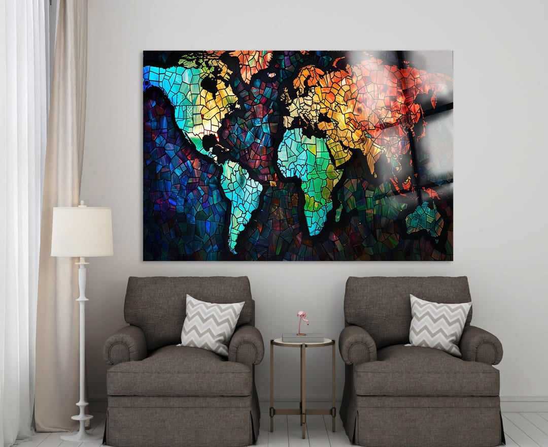 Mosaic World Map Glass Wall Art: Modern Travel Decor - Etsy