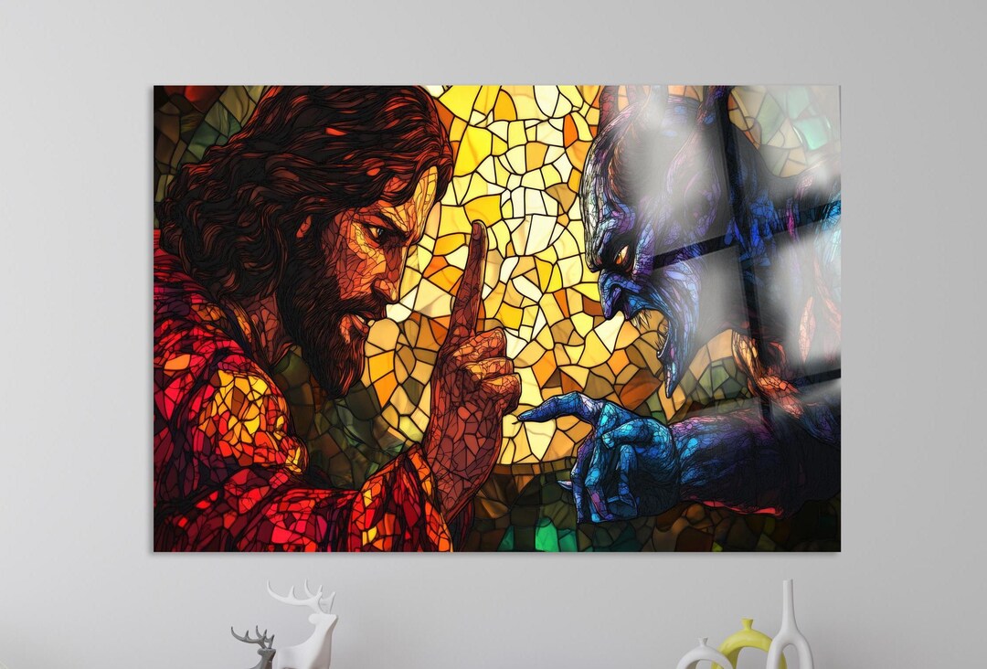 Jesus Christ Vs Devil Stained Glass Art Print - Religion Wall Decor - Etsy