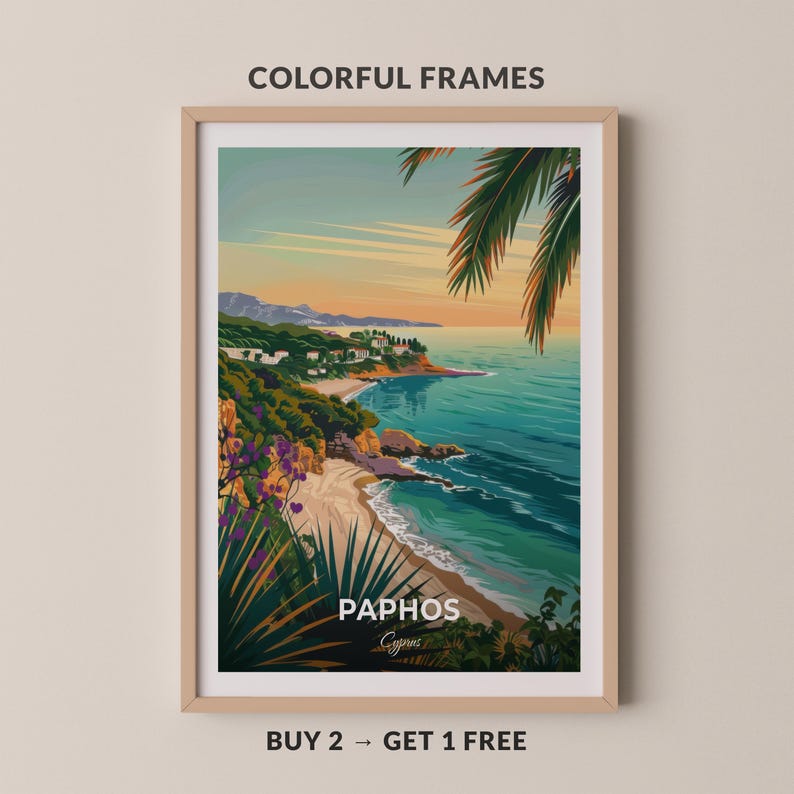 Paphos Travel Poster Coral Bay Beach Wall Art Print Cyprus Poster City ...