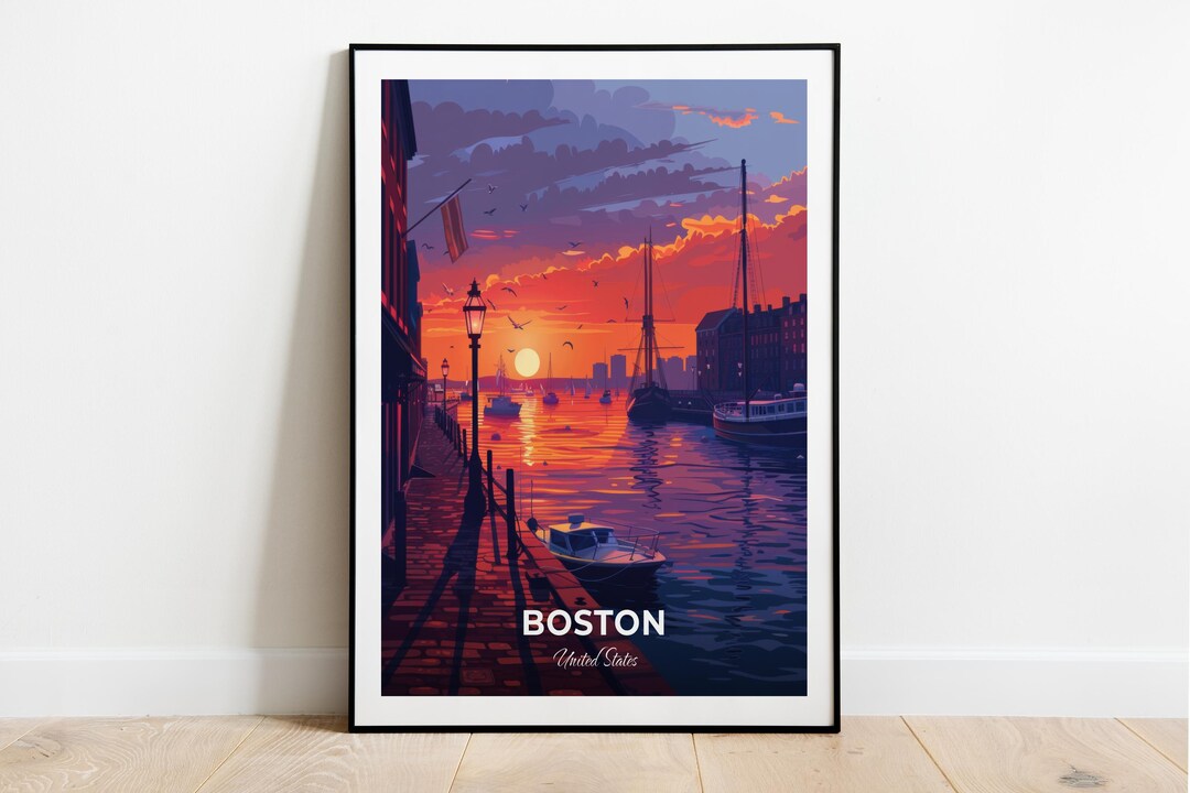 Boston Travel Poster, Boston Harbor, City Print, Cityscape Artwork ...
