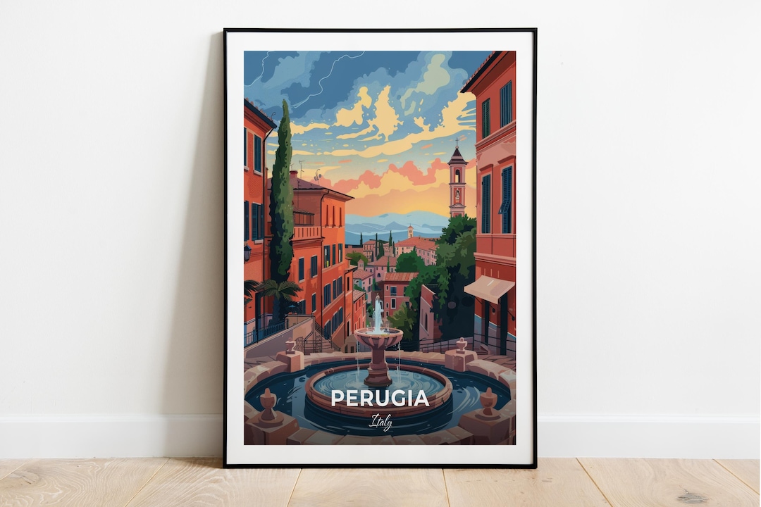Perugia Travel Poster, Fontana Maggiore, City Print, Cityscape Artwork ...