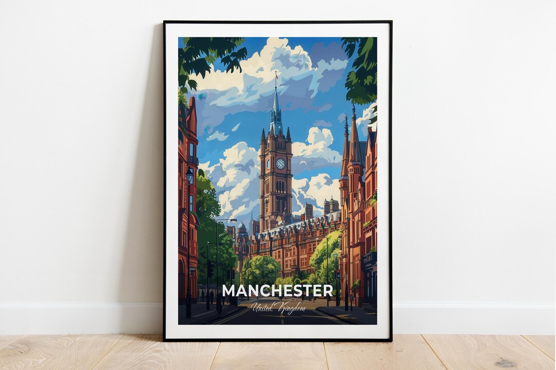 Manchester Travel Poster, Manchester Town Hall, City Print, Cityscape ...