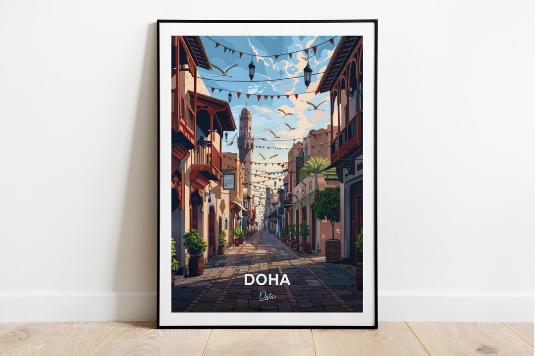 Doha Travel Poster, Souq Waqif, City Print, Cityscape Artwork, Birthday ...