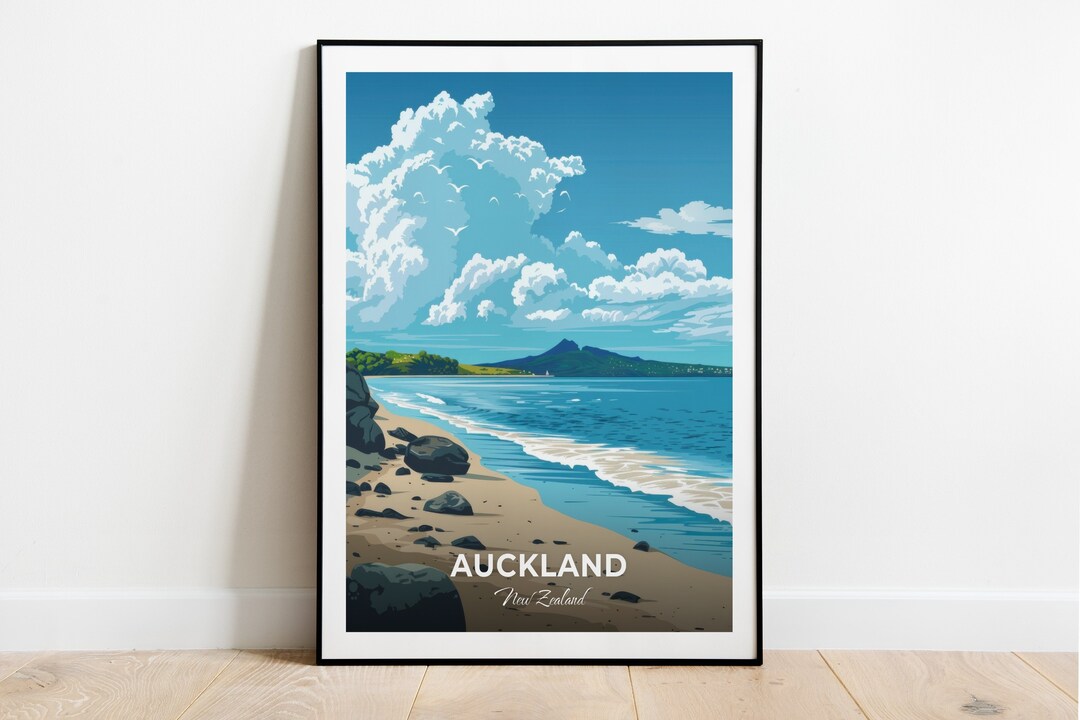 Auckland Travel Poster, Rangitoto Island, City Print, Cityscape Artwork ...