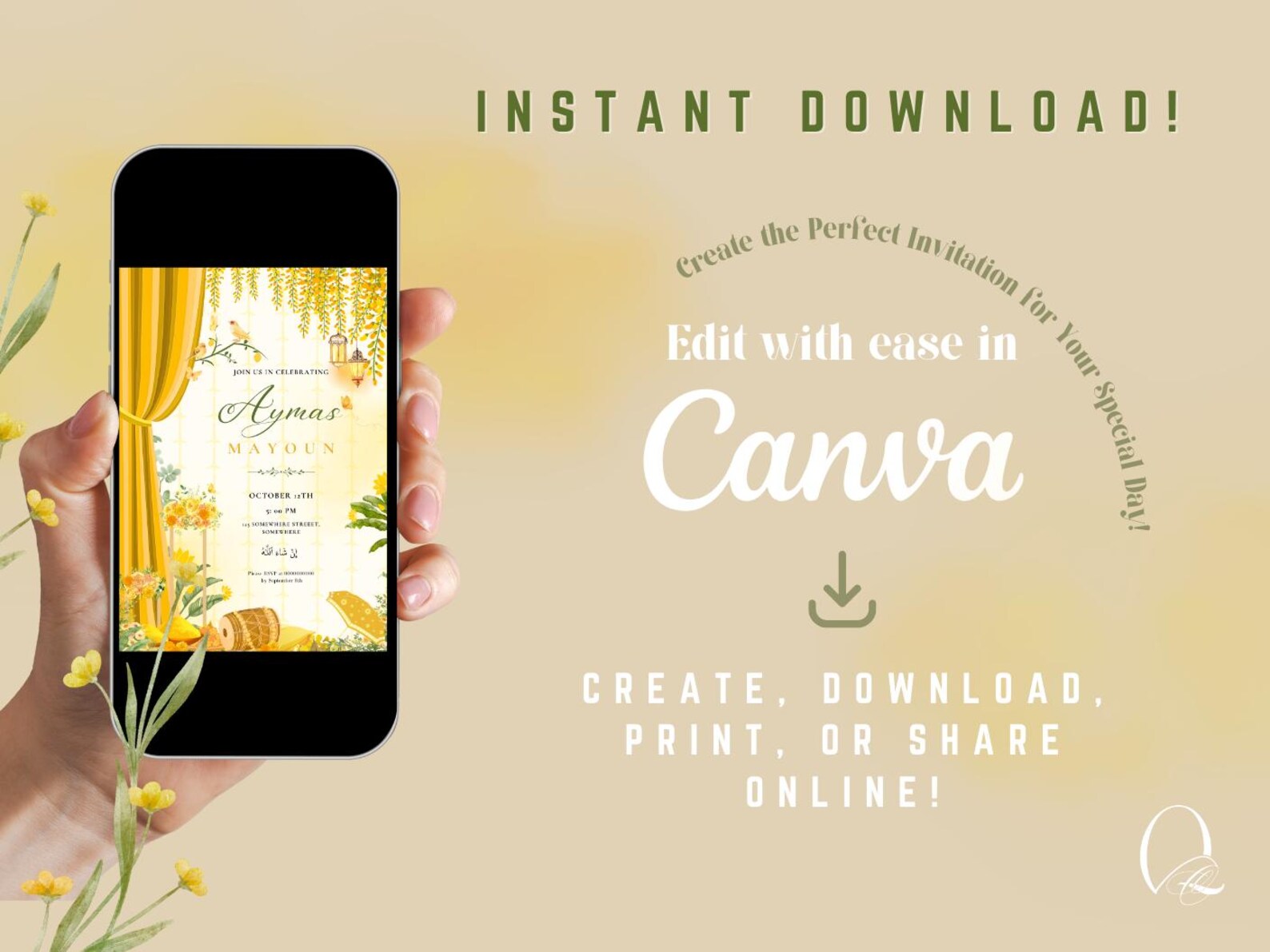 Elegant Floral Mayoun Invitation Template, Moroccan Mehndi Invite ...