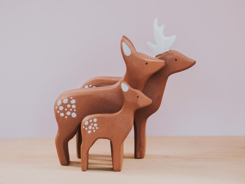 Wooden Deer Family, Wooden Stag Doe Fawn, Handmade Deer, Montessori Toy ...