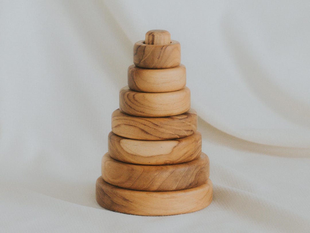 Teak Wooden Stacking Toy – Pyramid Rings Tower, Montessori Gift for ...