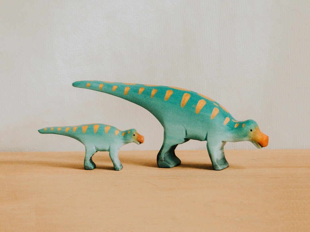 Wooden Maiasaura Dinosaur Toy, Mother and Baby Dino Figurines ...