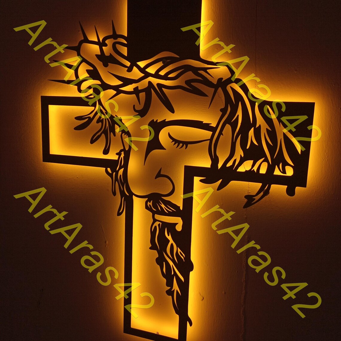 LED Jesus Cross Wall Art, Metal Christ Silhouette & Crown of Thorns ...