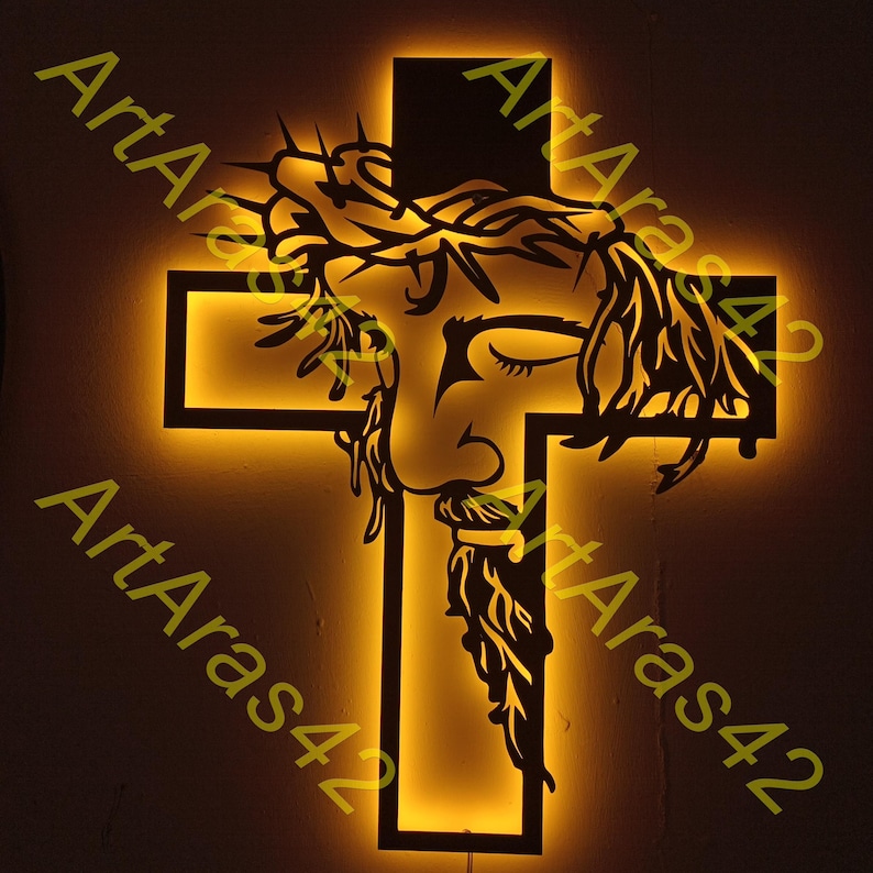 LED Jesus Cross Wall Art, Metal Christ Silhouette & Crown of Thorns ...