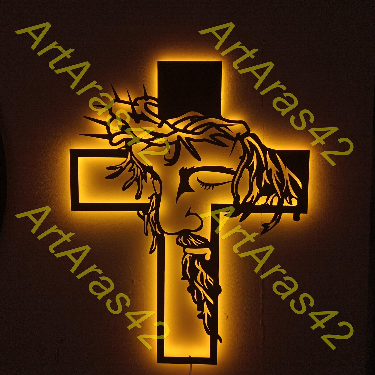 LED Jesus Cross Wall Art, Metal Christ Silhouette & Crown of Thorns ...