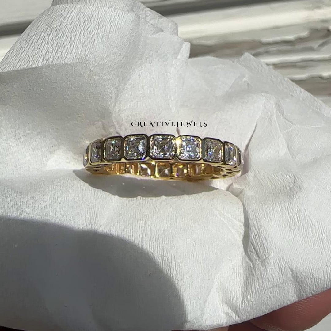 Asscher Cut Bezel Set Full Eternity Band, Moissanite Promise Ring ...