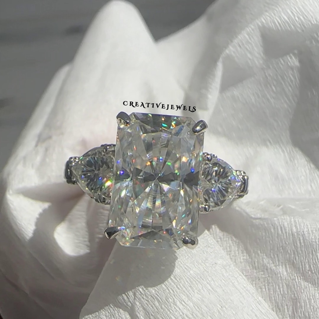 3CT Radiant Cut Wedding Ring, Heart Cut Side Stones Radiant Cut Three ...