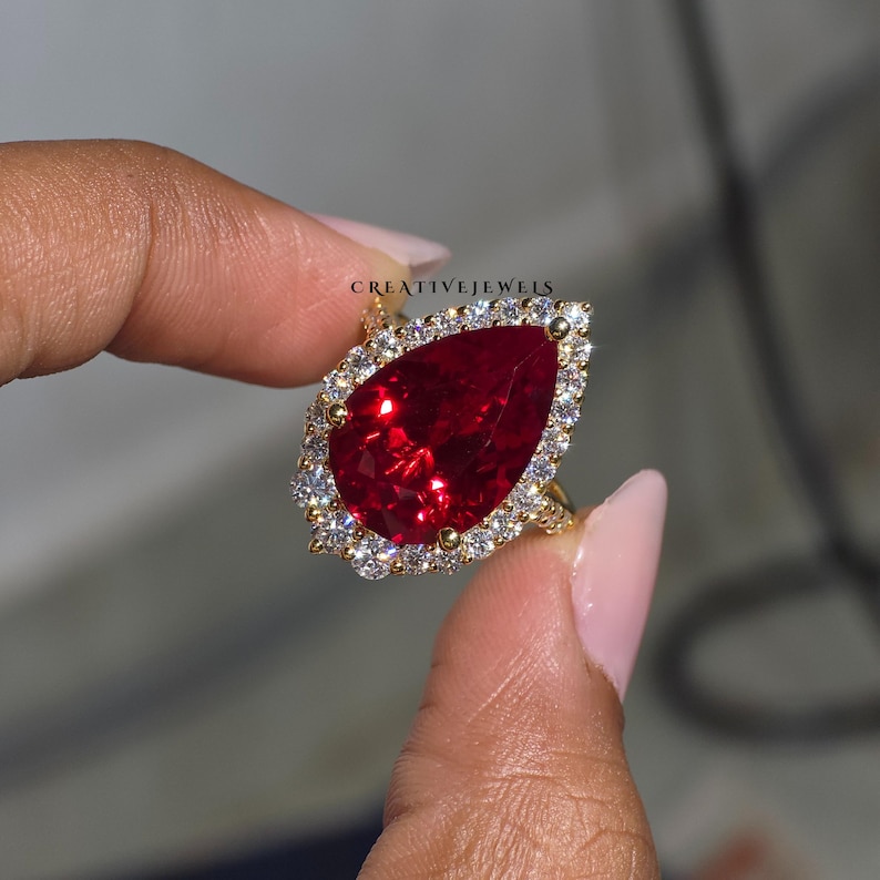 Vintage Style Red Ruby Pear Cut Gemstone Ring, Designer Halo Wedding ...