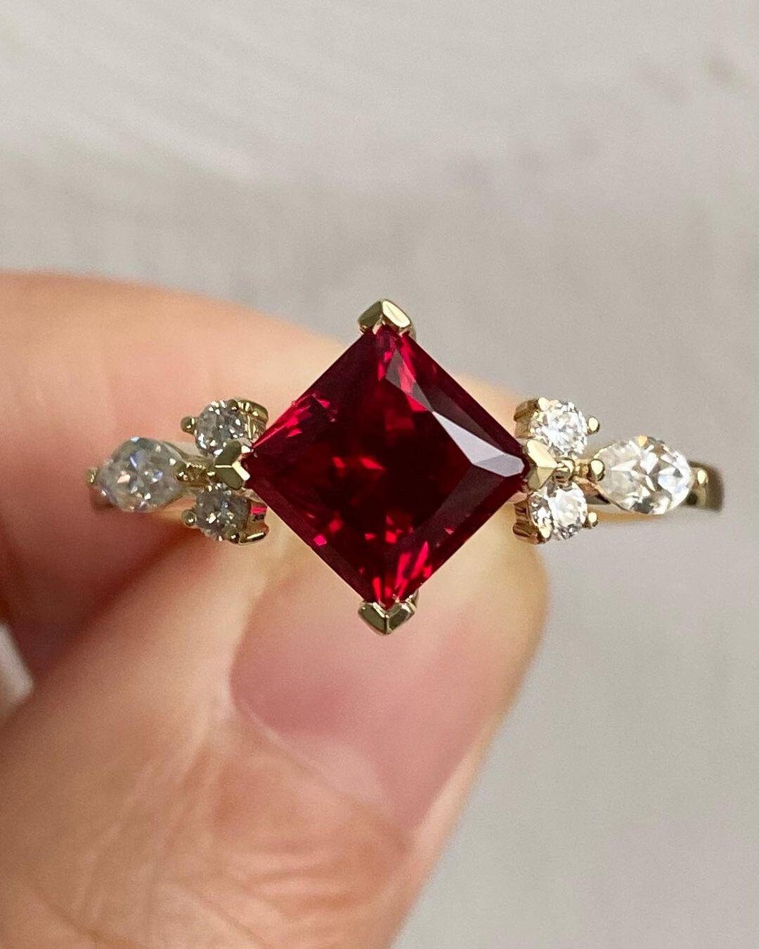 2 Ct Princess Cut Ruby Engagement Ring, Unique White Gold Moissanite ...
