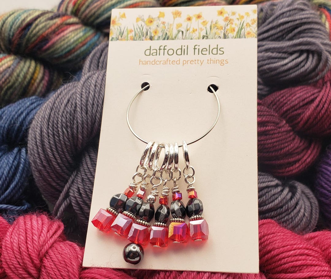 Red Glass Beaded Stitch Markers: Hematite & Silver Tone, Set of 5 - Etsy