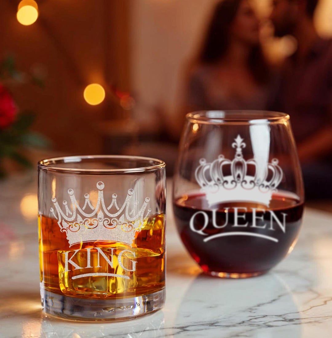 King and Queen Whiskey & Wine Glasses Set of 2, Couple Matching Glass ...
