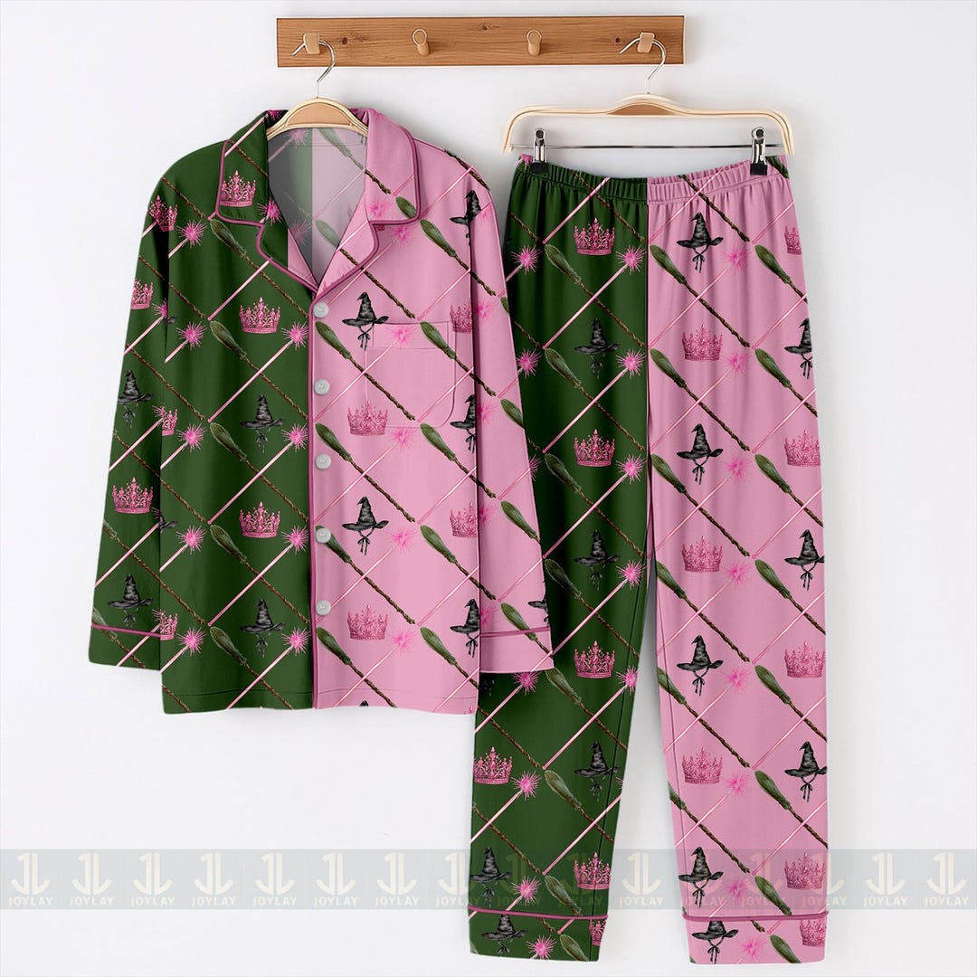 Green Pink Witch Popular Half Color for Good Unisex Satin Pajamas Set ...