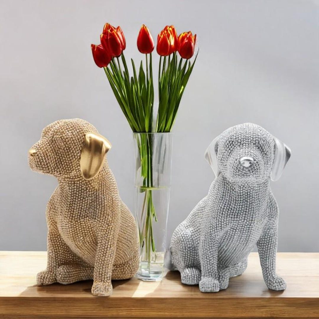 Unique Silver Beaded Dog Sculpture for Home Décor, Cute Resin Dog ...
