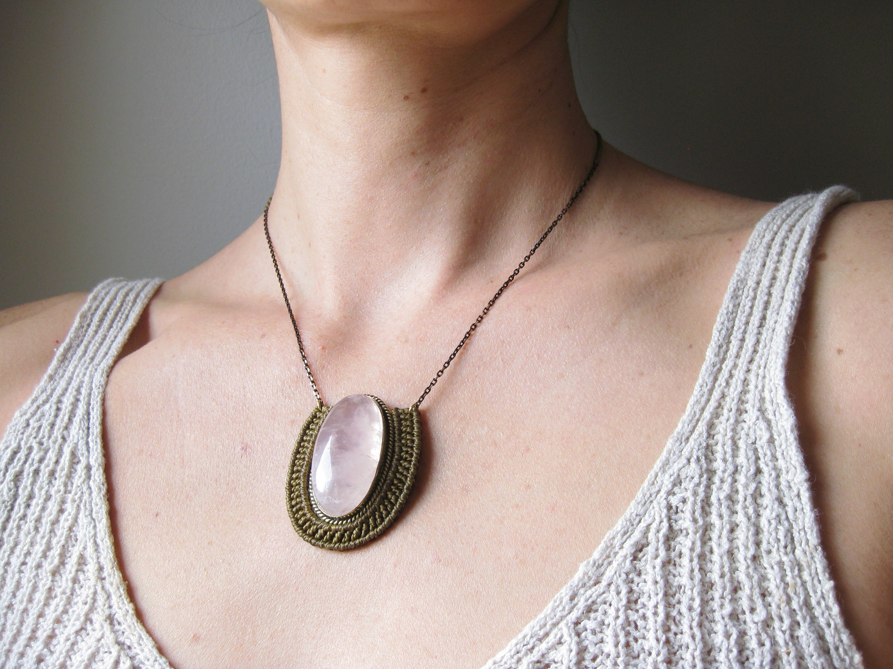 O r ü n . Rose Quartz & Brass Macrame Adjustable Pendant . © Design by ...