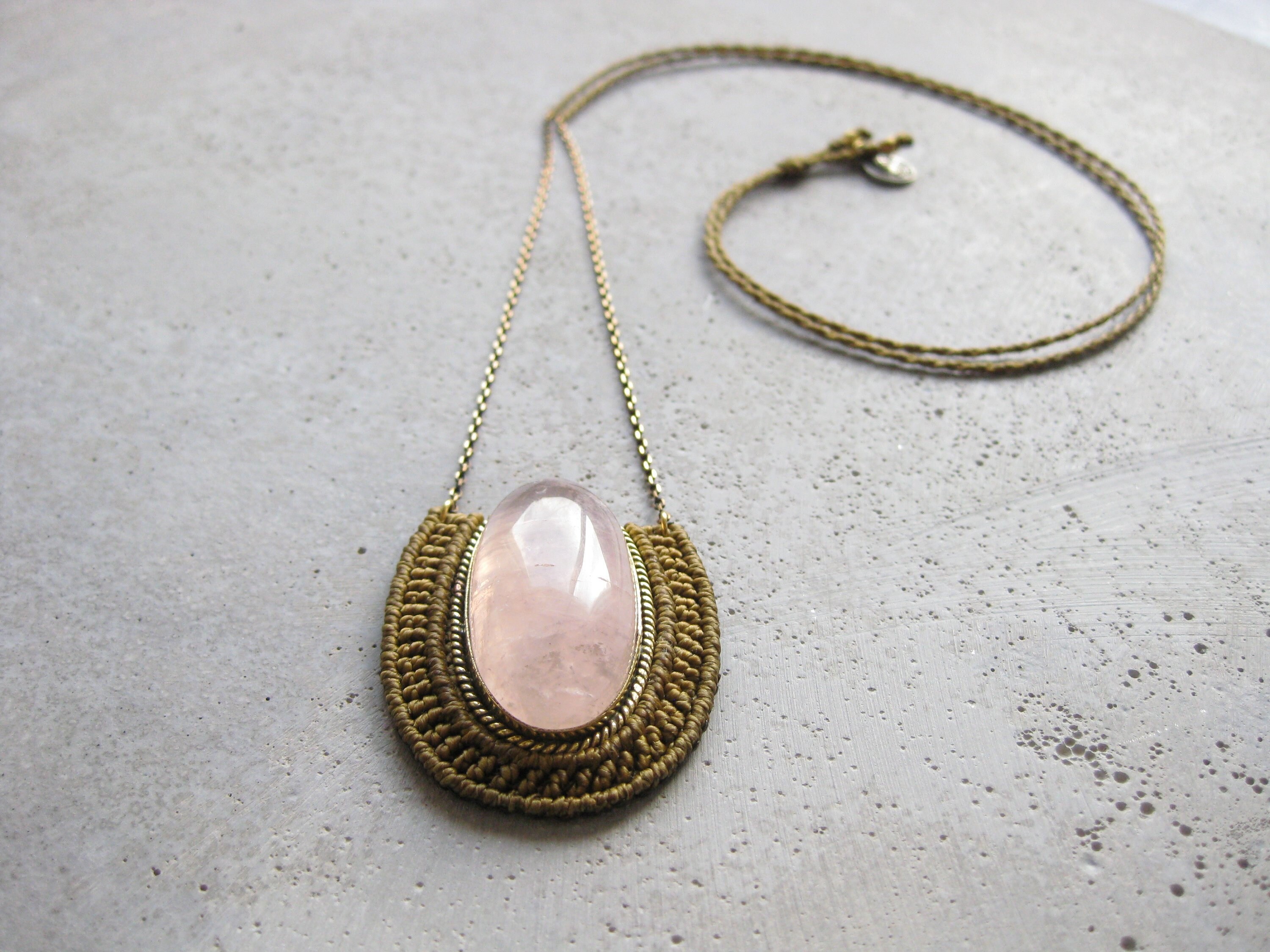 O r ü n . Rose Quartz & Brass Macrame Adjustable Pendant . © Design by ...