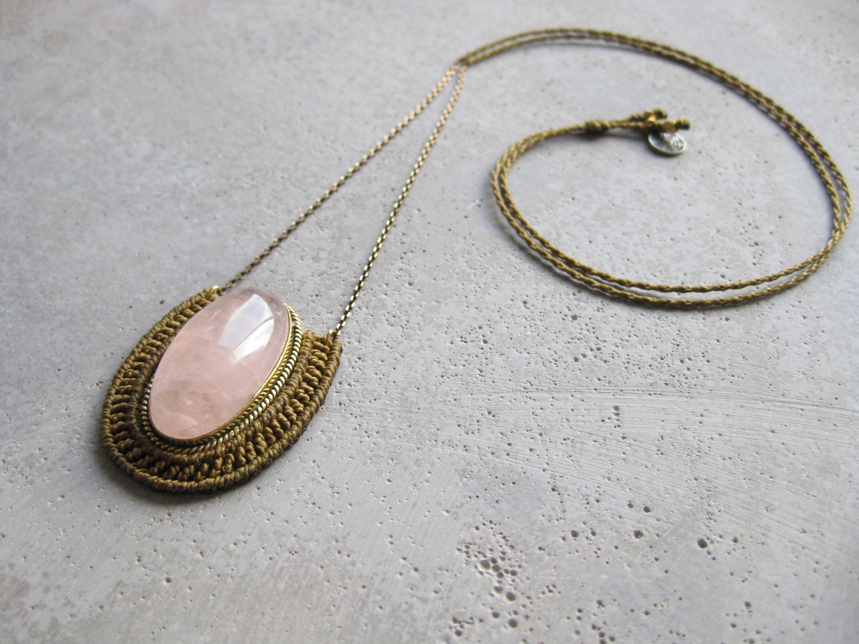 O r ü n . Rose Quartz & Brass Macrame Adjustable Pendant . © Design by ...