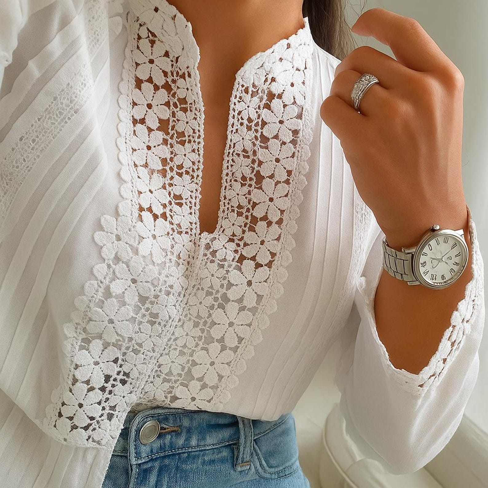 Floral Elegant Lace Blouse | Vintage-inspired White Long Sleeve Top ...
