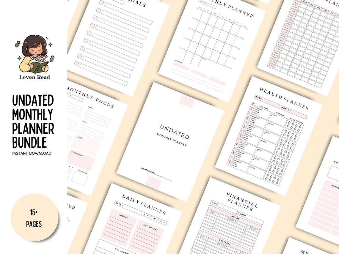 UNDATED MONTHLY PLANNER Bundle, Undated Pdf Planner, Undated Planner ...