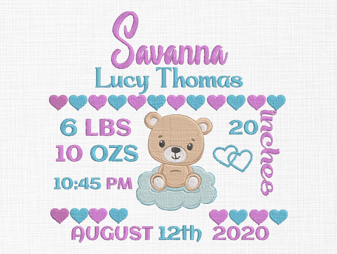 Birth Announcement Embroidery Design, Birth Template, Baby Birth Design ...