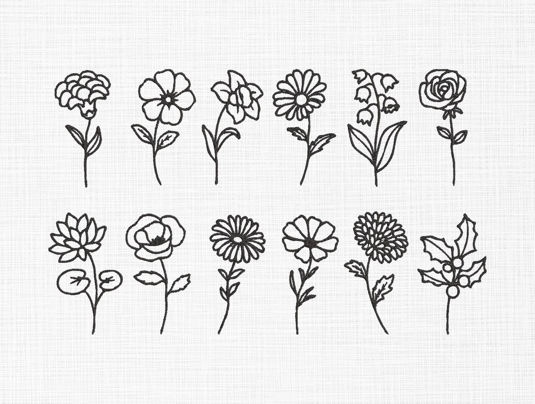 Birth Flowers Embroidery Design Flowers Line Art Embroidery Design ...