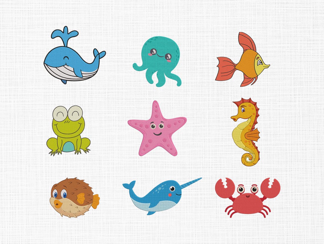 Sea Animals Bundle Embroidery Design Cute Sea Animals, Fish, Crab, Sea ...